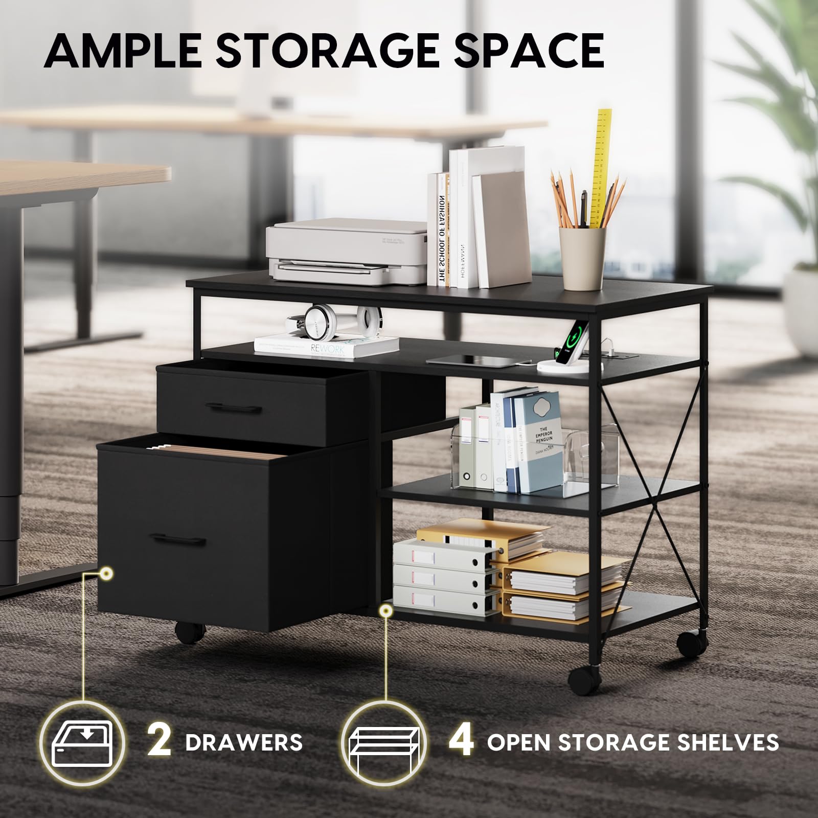 WASAGUN 2 Drawer Fabric File Cabinet, Rolling Printer Stand with Charging Station and 4 Open Storage Shelves, Mobile Lateral Filing Cabinet fits A4 or Letter Size, for Home Office, Brown