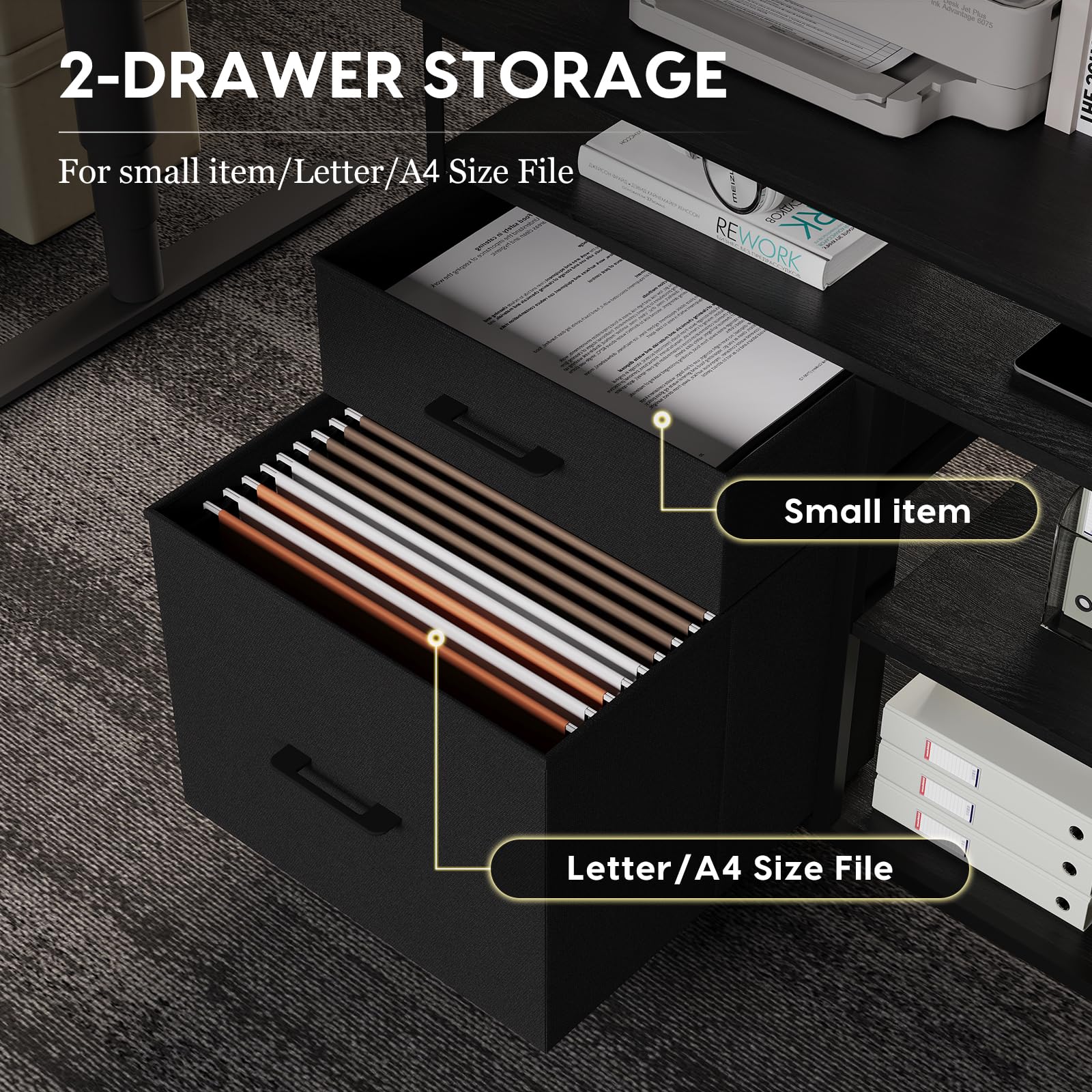 WASAGUN 2 Drawer Fabric File Cabinet, Rolling Printer Stand with Charging Station and 4 Open Storage Shelves, Mobile Lateral Filing Cabinet fits A4 or Letter Size, for Home Office, Brown