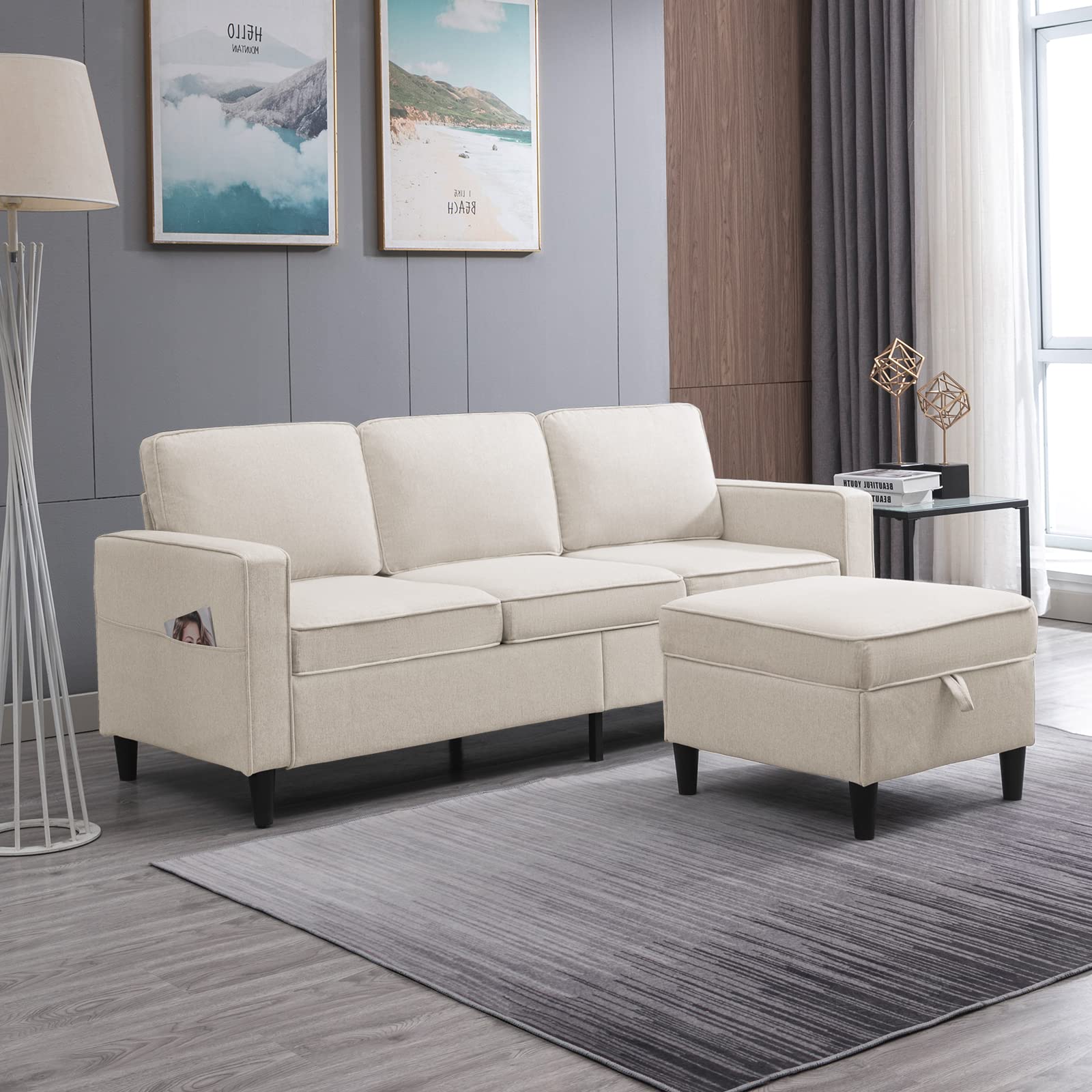 Mjkone Convertible Sectional Sofa Couch, Sofas with Solid Wood Legs and Storage Ottoman, L-Shape Couch with 4 Side Pockets, Couches for Living Room/Apartment/Office (Beige)