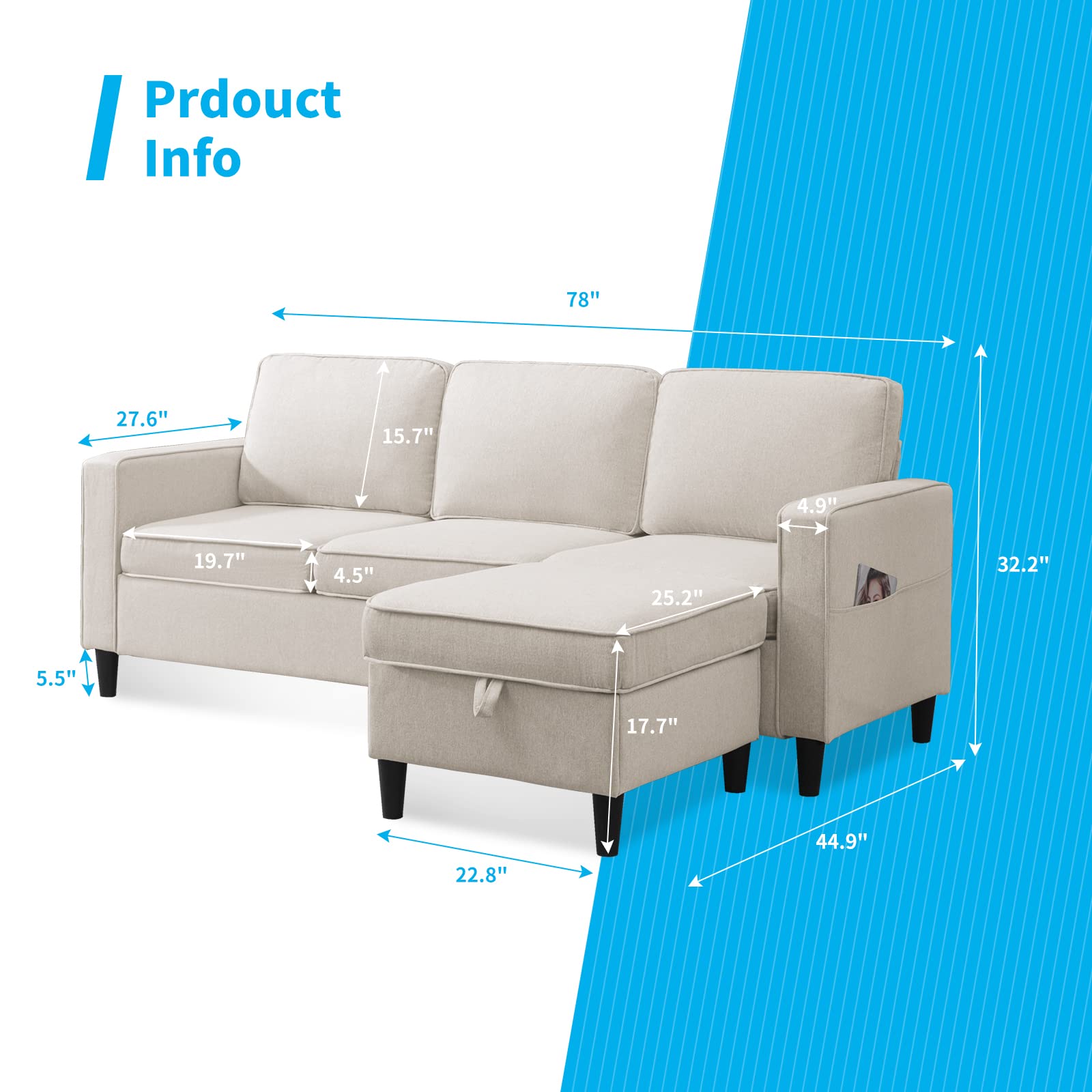 Mjkone Convertible Sectional Sofa Couch, Sofas with Solid Wood Legs and Storage Ottoman, L-Shape Couch with 4 Side Pockets, Couches for Living Room/Apartment/Office (Beige)