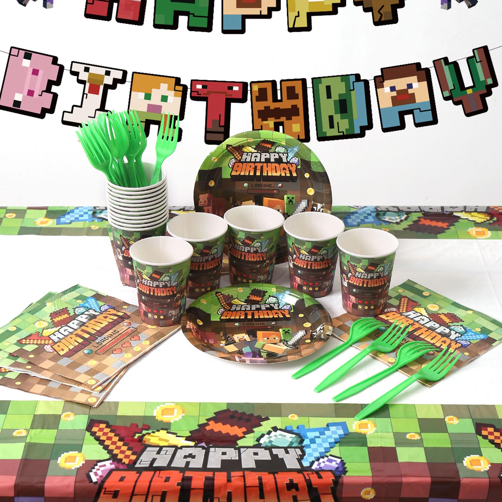 Nifasniy Birthday Party Supplies Decorations Favors Kit for Boys,Banner Plates Napkins Cups Tablecloth Balloons Forks Party Decor(Pixel)