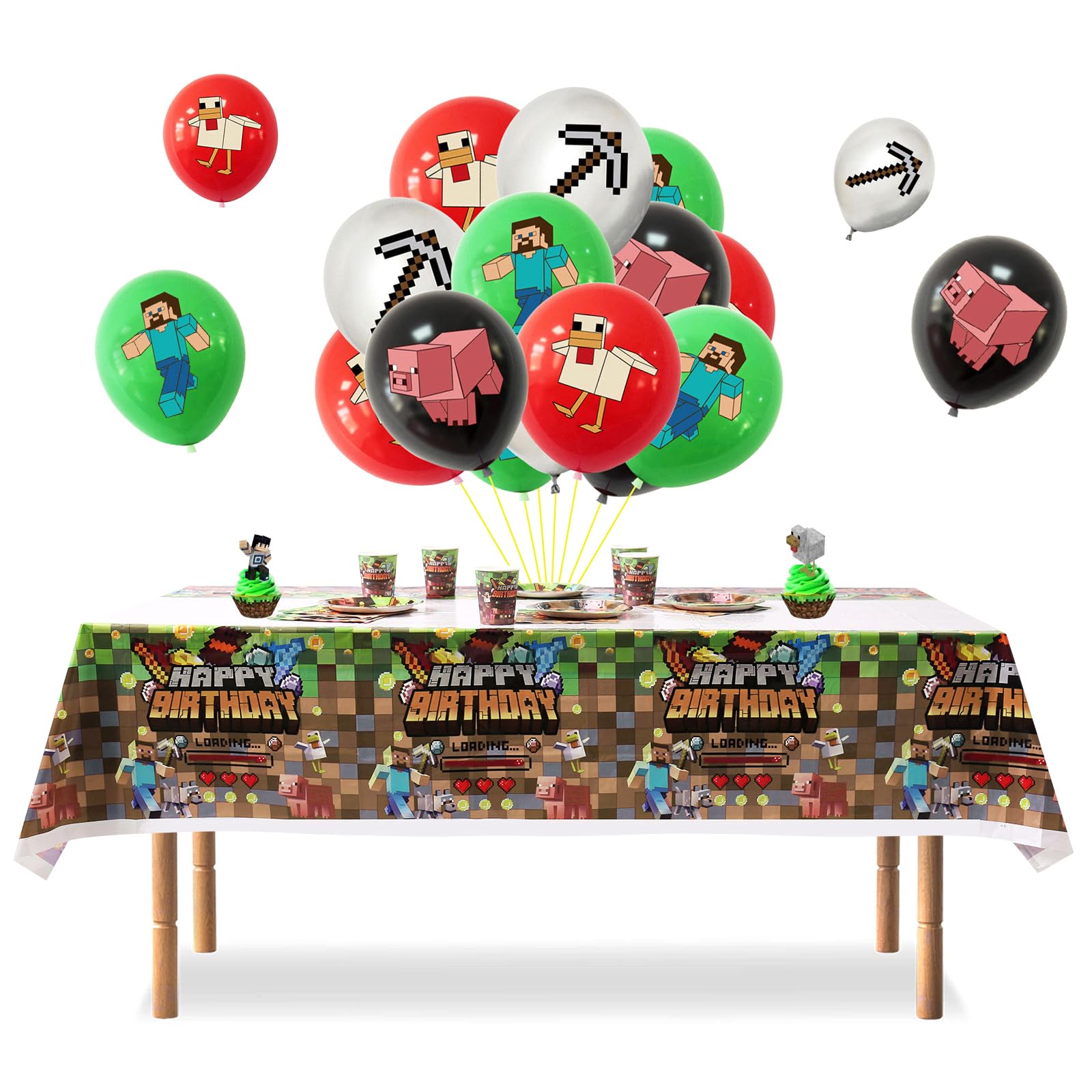 Nifasniy Birthday Party Supplies Decorations Favors Kit for Boys,Banner Plates Napkins Cups Tablecloth Balloons Forks Party Decor(Pixel)