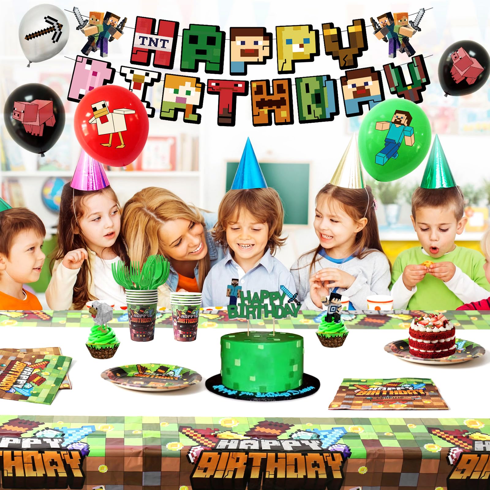 Nifasniy Birthday Party Supplies Decorations Favors Kit for Boys,Banner Plates Napkins Cups Tablecloth Balloons Forks Party Decor(Pixel)