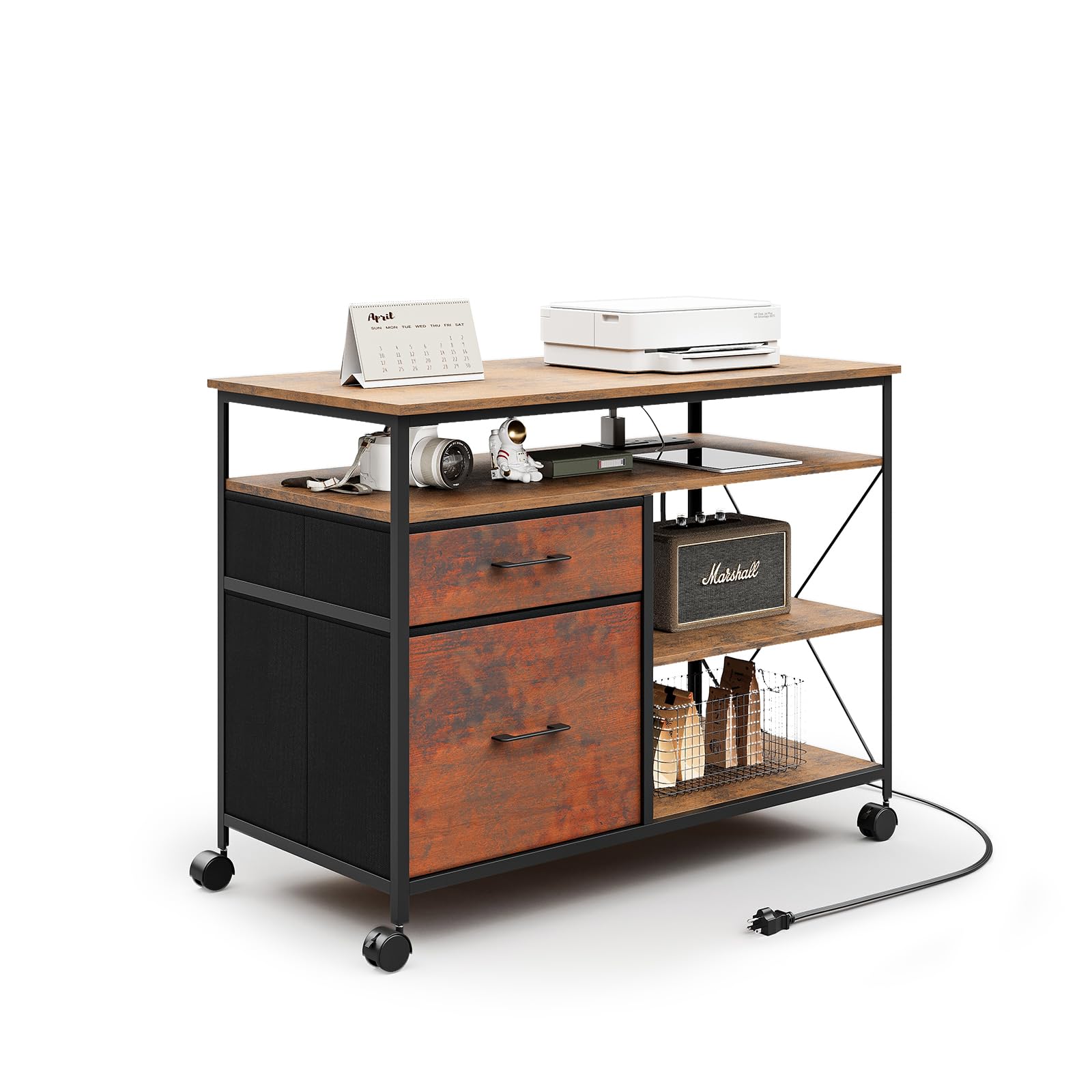 WASAGUN 2 Drawer Fabric File Cabinet, Rolling Printer Stand with Charging Station and 4 Open Storage Shelves, Mobile Lateral Filing Cabinet fits A4 or Letter Size, for Home Office, Brown