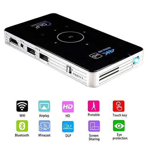 Android Smart DLP Mini Projector,4K LED 1080P WiFi Bluetooth Pocket Projector HD Home Theater Movie Family Cinema, Support WiFi/HDMI/Bluetooth/USB/TF Card/Audio Cable incluidng Tripod Stand