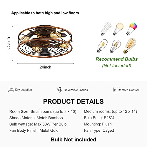 YEDAORL Caged Ceiling Fan with Light Flush Mount, 20 inch Vintage Low Profile Fandelier 6 Speed Chandelier Ceiling Fans Light Fixture with Reversible Motor Remote Control Black