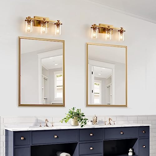 yenlacy 3 Light Bathroom Vanity Light Fixtures, Modern Gold Vanity Lights Over Mirror, Vintage Wall Sconce with Clear Glass Shade, Brushed Gold Vanity Lights for Bathroom