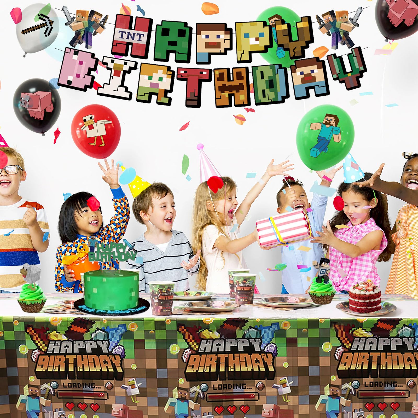 Nifasniy Birthday Party Supplies Decorations Favors Kit for Boys,Banner Plates Napkins Cups Tablecloth Balloons Forks Party Decor(Pixel)