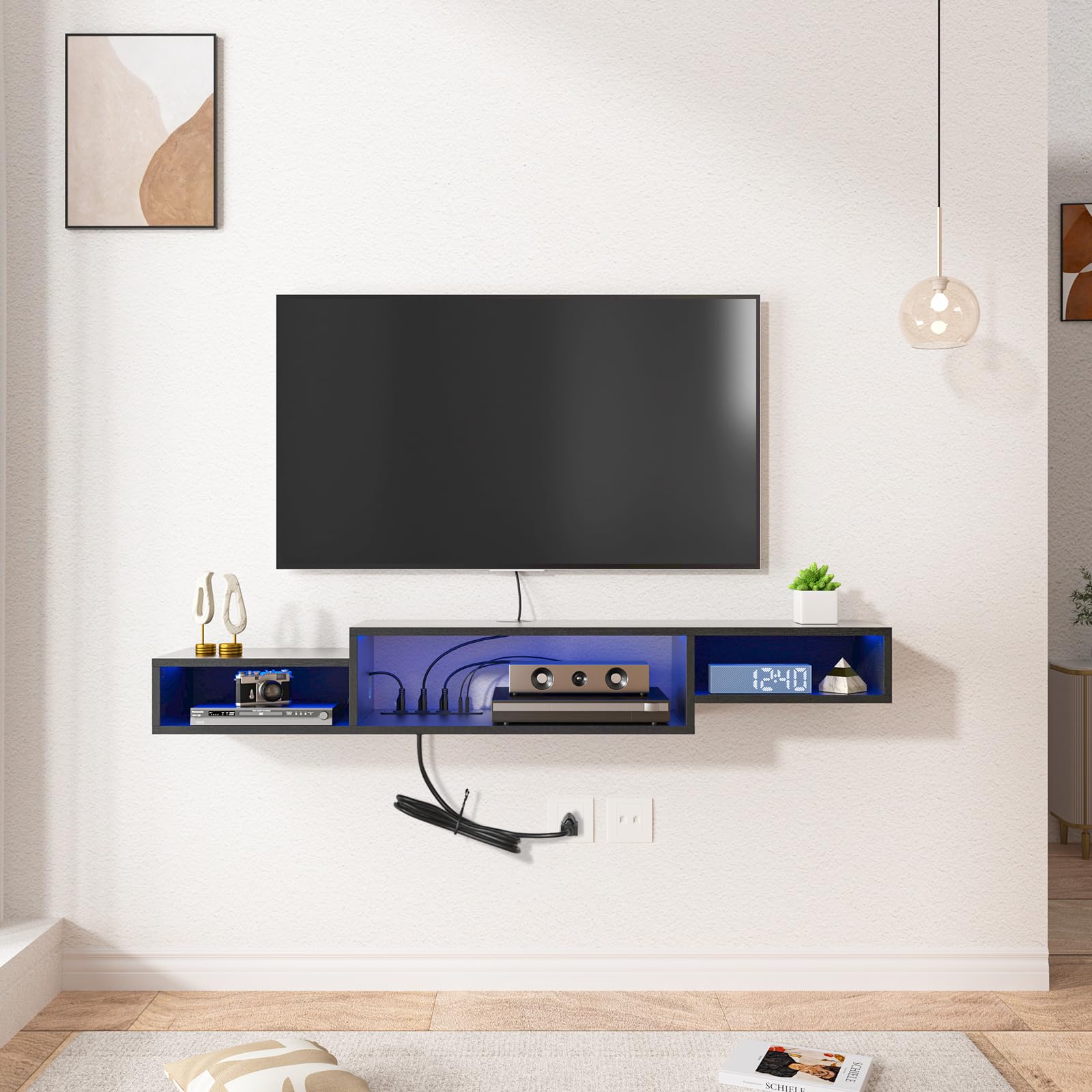FABATO 59'' Floating TV Stand with LED Light Power Outlet, Floating Shelf for Under TV Wall Mount with Storage Shelf, Media Console Entertainment Center for Living Room, Black