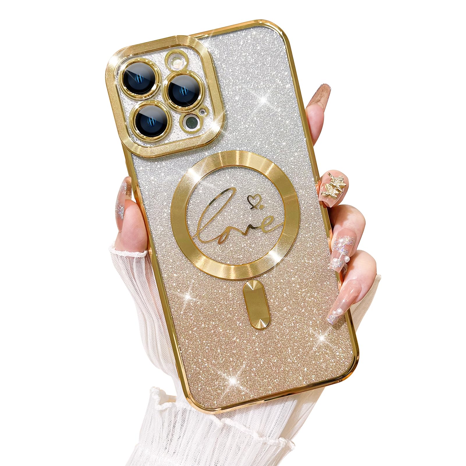 KANGHAR Magnetic Glitter Case for iPhone 13 Pro Max Case 6.7 Inch, Clear Plating Love Heart Pattern Design [Compatible with Magsafe Charging] Camera Protection Soft Cover for Women Girls (Gold)