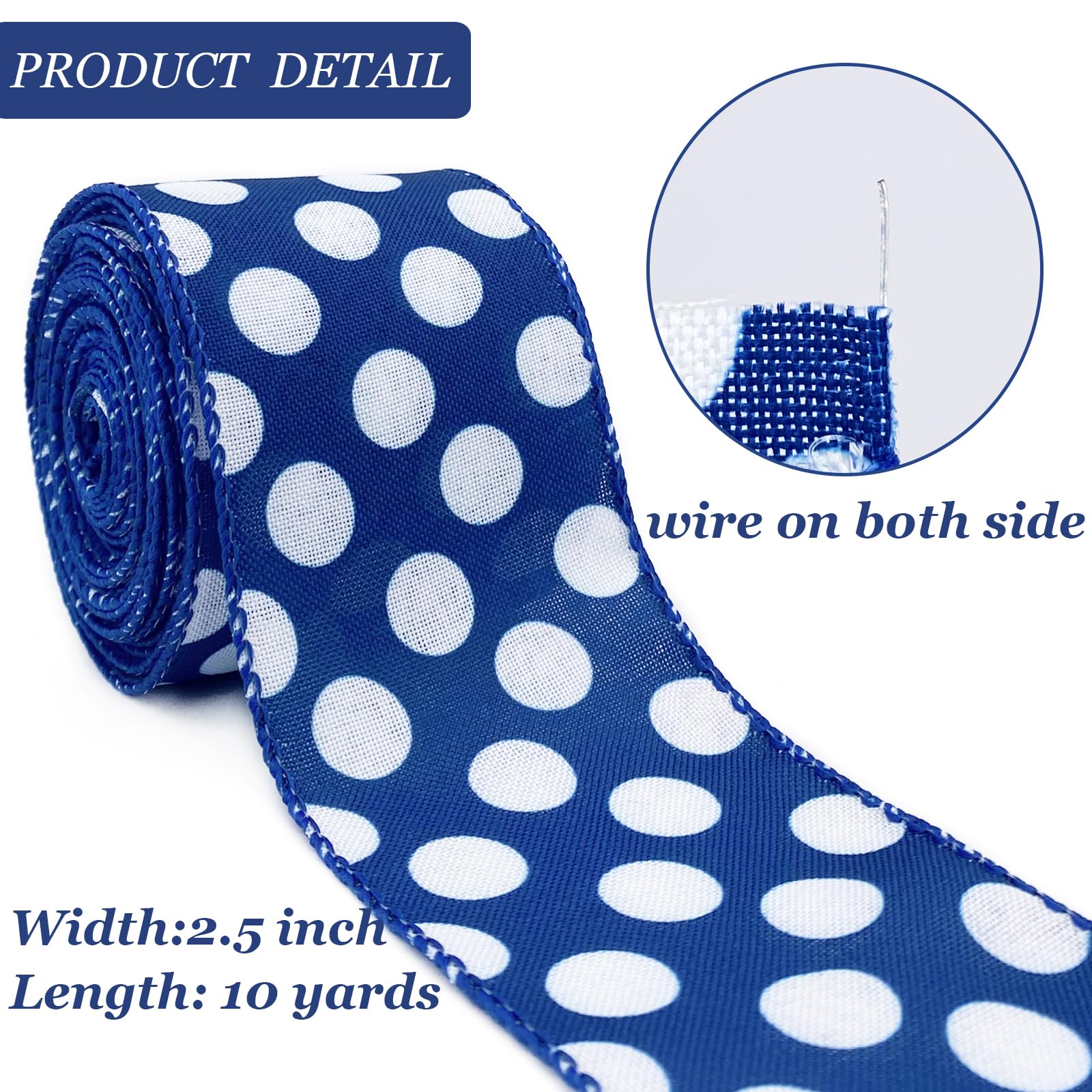 Leecogo Ribbon Wired,2 1/2”x10 Yard,Royal Blue Polka Dots Ribbon for Easter,Independence Day, Christmas, Wreath, Spring, Summer, Wedding, Baby Shower, Birthday