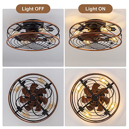 YEDAORL Caged Ceiling Fan with Light Flush Mount, 20 inch Vintage Low Profile Fandelier 6 Speed Chandelier Ceiling Fans Light Fixture with Reversible Motor Remote Control Black