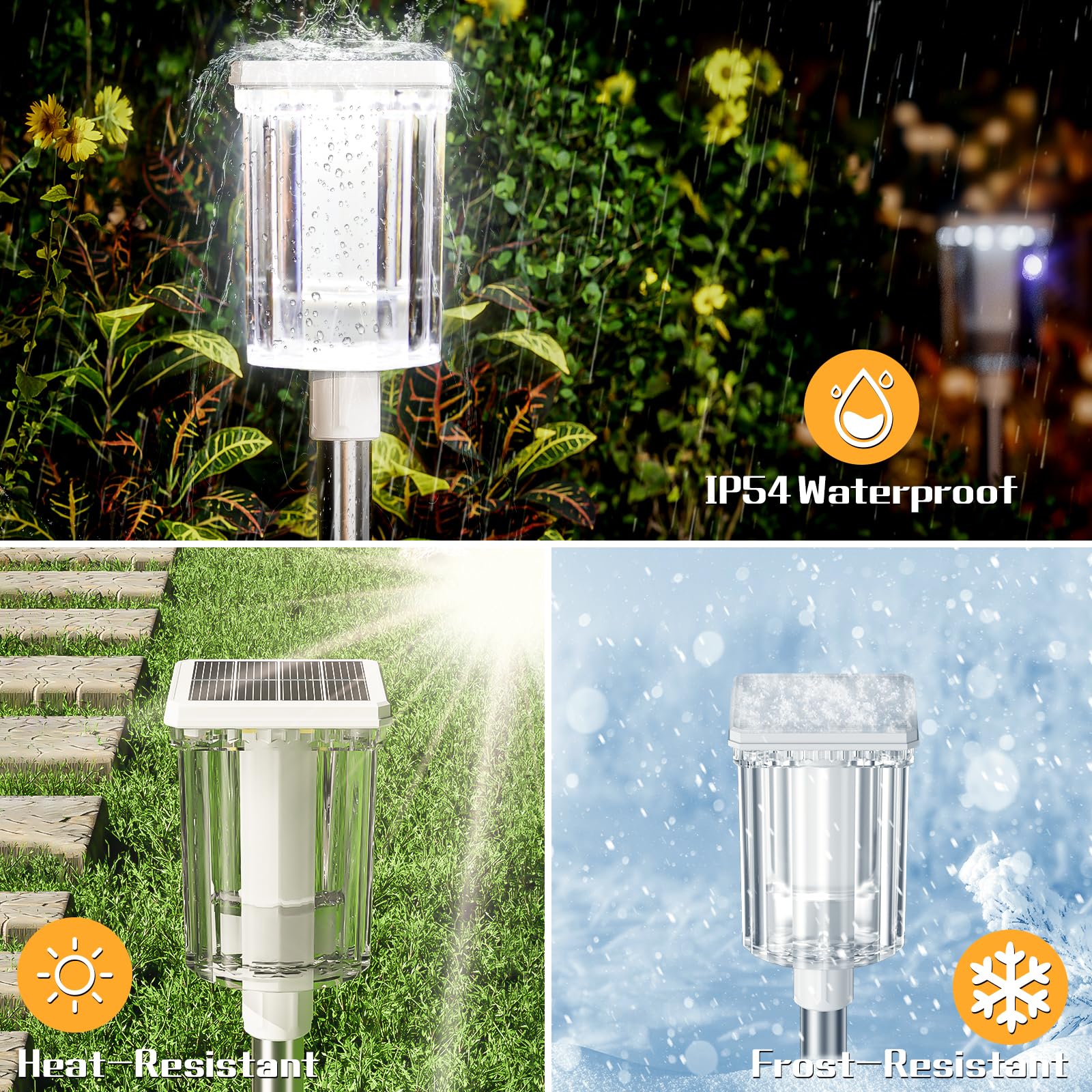 NEWMESSI Outdoor Solar Pathway Lights for Yard/Garden/Walkway, with 8 LED Beads, IP54 Waterproof, High Brightness, 600mAh Battery, Stainless Steel Pole, Solar Landscape Path Light (10 Pack)