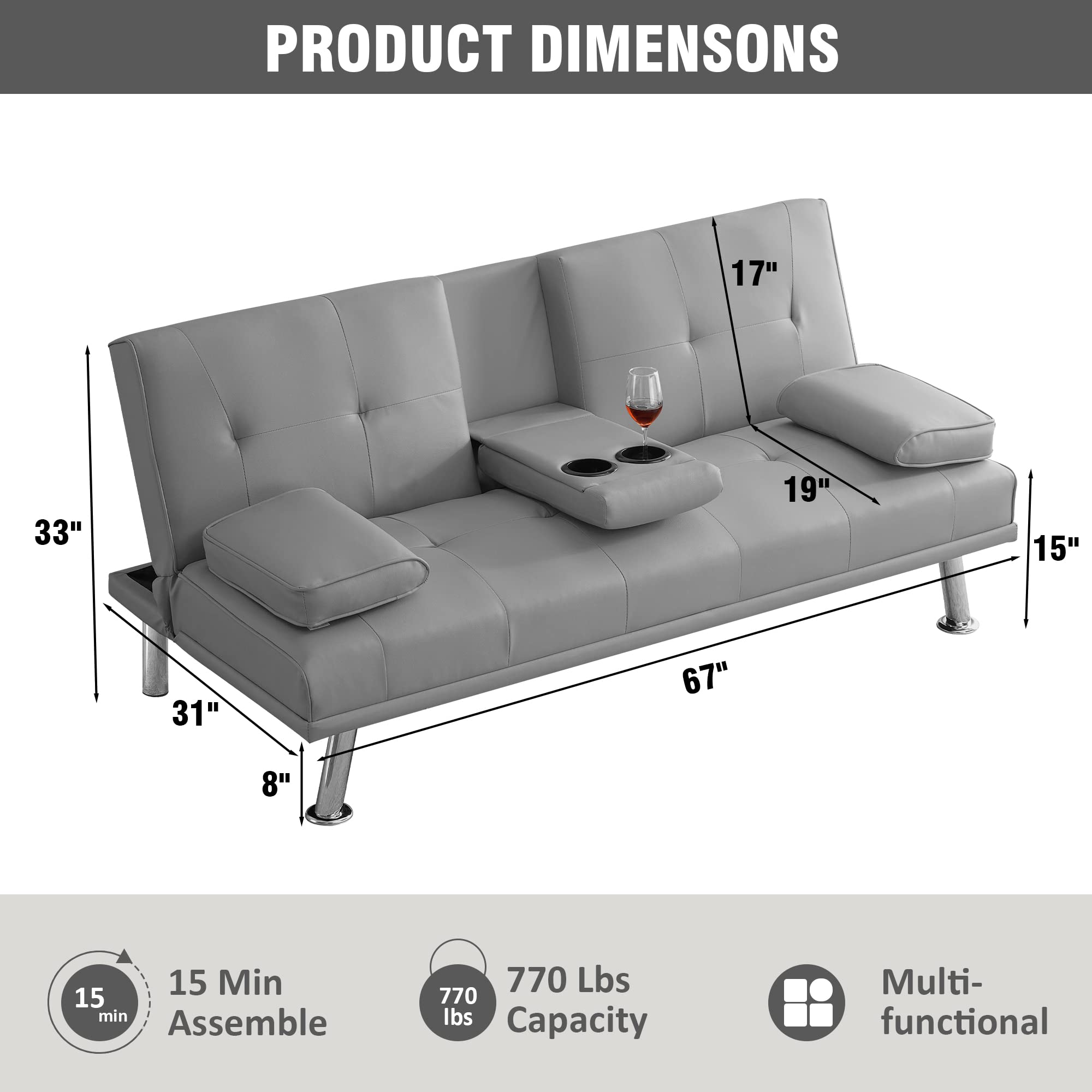 Ucloveria Futon, Multifunctional Foldable Recliner Sleeper Sofa w/ 2 Cup Holders, Loveseat Daybed Guest Bed for Compact Living Spaces, Apartments, Dorms, w/Removable Armrests, Gray(Faux Leather)