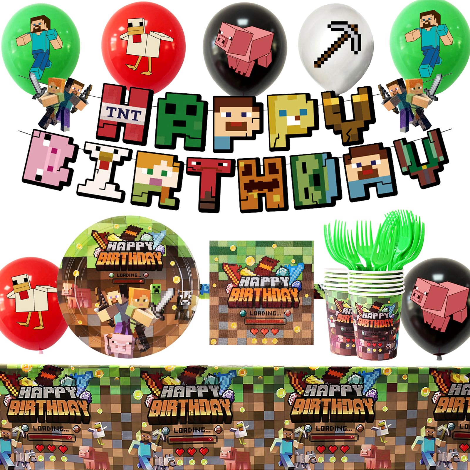 Nifasniy Birthday Party Supplies Decorations Favors Kit for Boys,Banner Plates Napkins Cups Tablecloth Balloons Forks Party DecorďźPixelďź