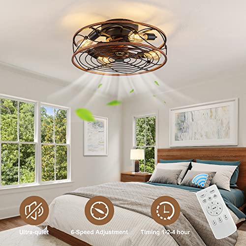 YEDAORL Caged Ceiling Fan with Light Flush Mount, 20 inch Vintage Low Profile Fandelier 6 Speed Chandelier Ceiling Fans Light Fixture with Reversible Motor Remote Control Black