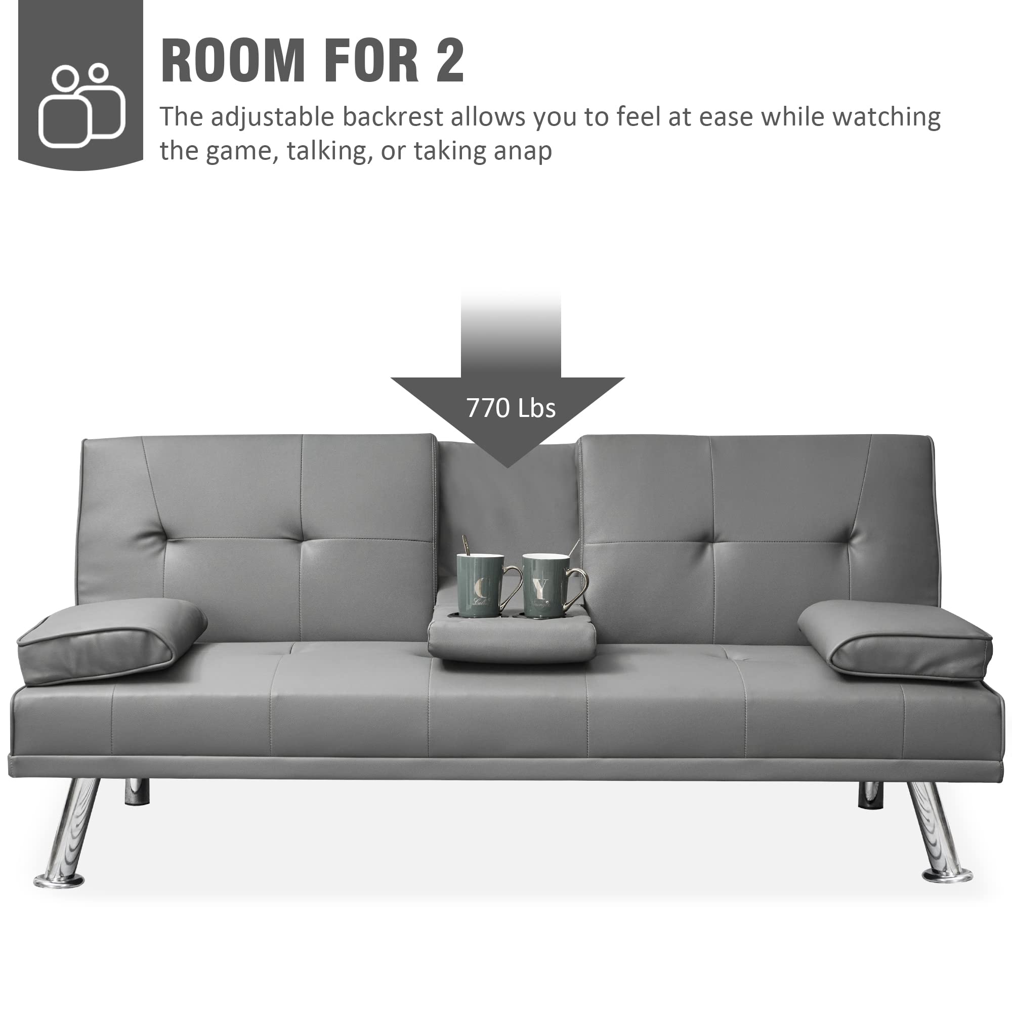 Ucloveria Futon, Multifunctional Foldable Recliner Sleeper Sofa w/ 2 Cup Holders, Loveseat Daybed Guest Bed for Compact Living Spaces, Apartments, Dorms, w/Removable Armrests, Gray(Faux Leather)
