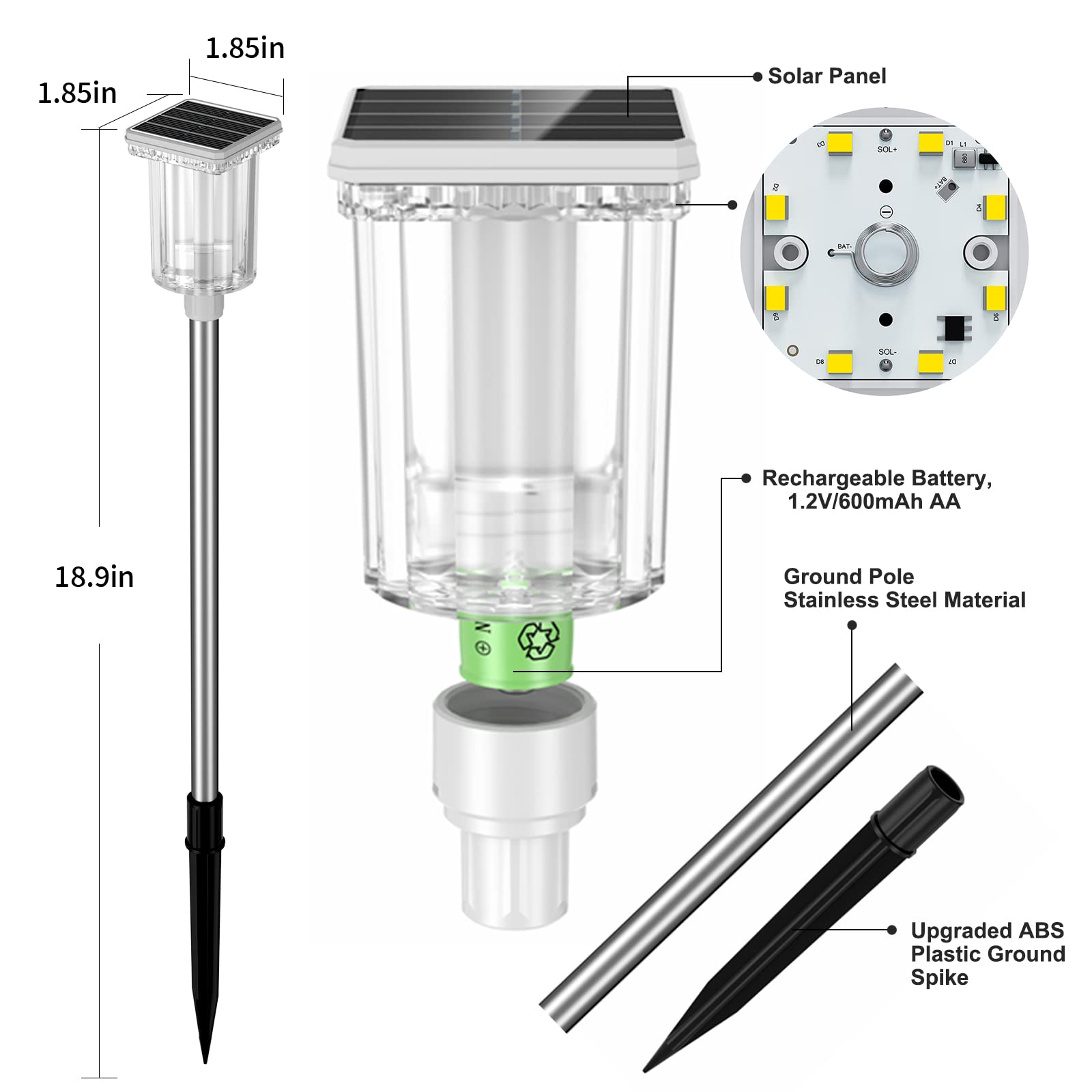 NEWMESSI Outdoor Solar Pathway Lights for Yard/Garden/Walkway, with 8 LED Beads, IP54 Waterproof, High Brightness, 600mAh Battery, Stainless Steel Pole, Solar Landscape Path Light (10 Pack)