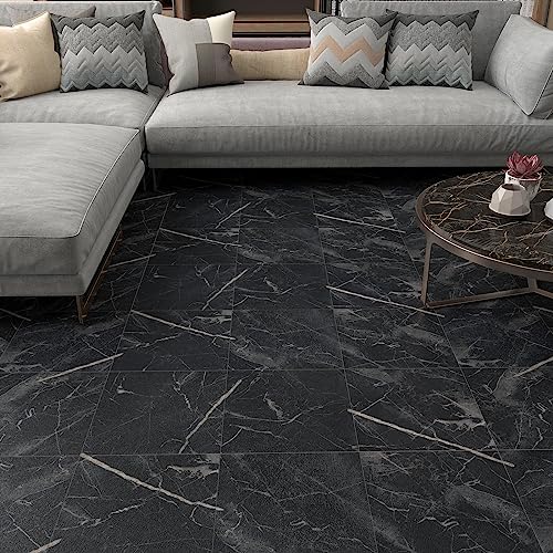 VaryStyle 20 Pack Black Marble Peel and Stick Waterproof Vinyl Floor Tiles 12"x12" Self Adhesive Removable Sticky Tiles for Kitchen Bathroom Bedroom Floor Walls