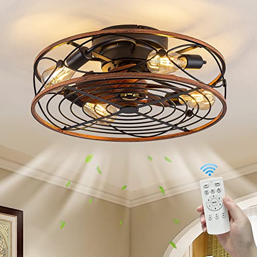 YEDAORL Caged Ceiling Fan with Light Flush Mount, 20 inch Vintage Low Profile Fandelier 6 Speed Chandelier Ceiling Fans Light Fixture with Reversible Motor Remote Control Black