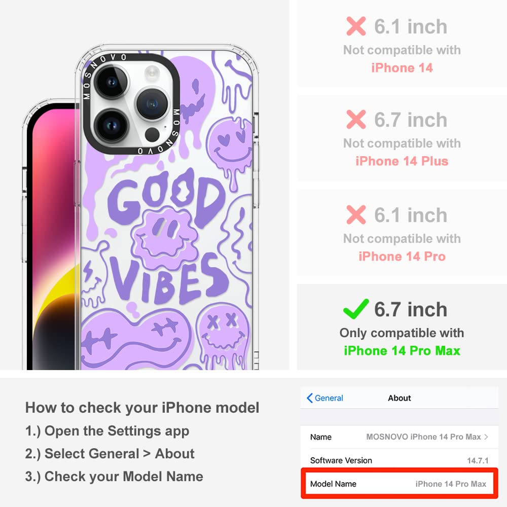 MOSNOVO Case for iPhone 14 Pro Max, [Buffertech 6.6ft Military-Grade Drop Protection] [Anti Peel Off Tech] Clear TPU Bumper Phone Case Cover Design - Good Vibes