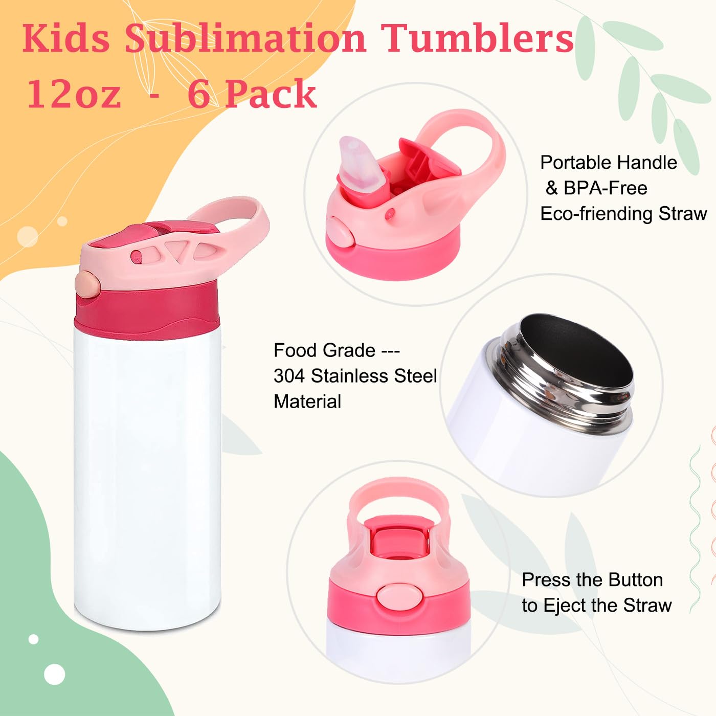 Gekestory Kids Sublimation Tumblers, Sublimation Water Bottle Blanks, 6PACK 12oz Straight Double Wall Kids Sippy Cups, Blank Cups for Heat Transfer, with DIY Stickers Shrink Wrap Rubber Base (6PACK)