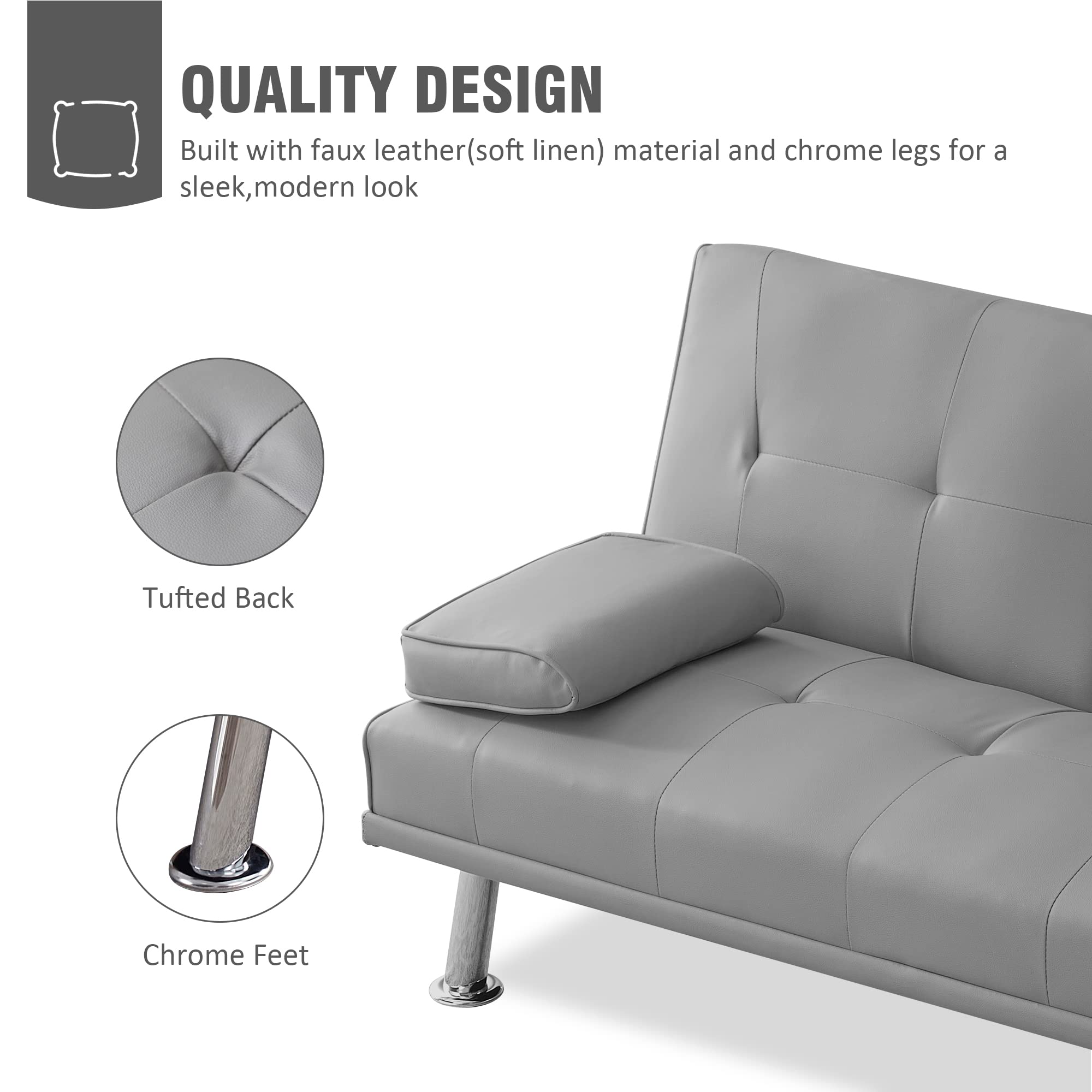 Ucloveria Futon, Multifunctional Foldable Recliner Sleeper Sofa w/ 2 Cup Holders, Loveseat Daybed Guest Bed for Compact Living Spaces, Apartments, Dorms, w/Removable Armrests, Gray(Faux Leather)