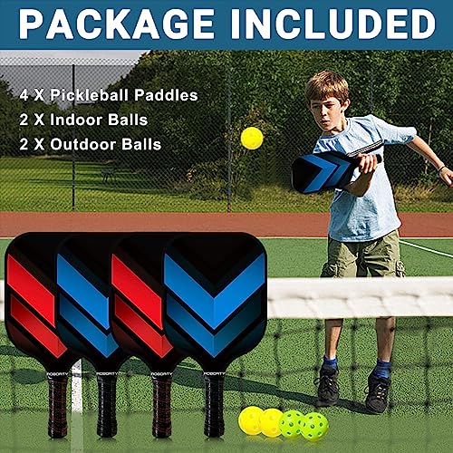 AOBORTY Pickleball Paddles 4 Pack - Light Graphite Premium Rackets Fiber Face Pickleball Set with 4 Outdoor Indoor Balls