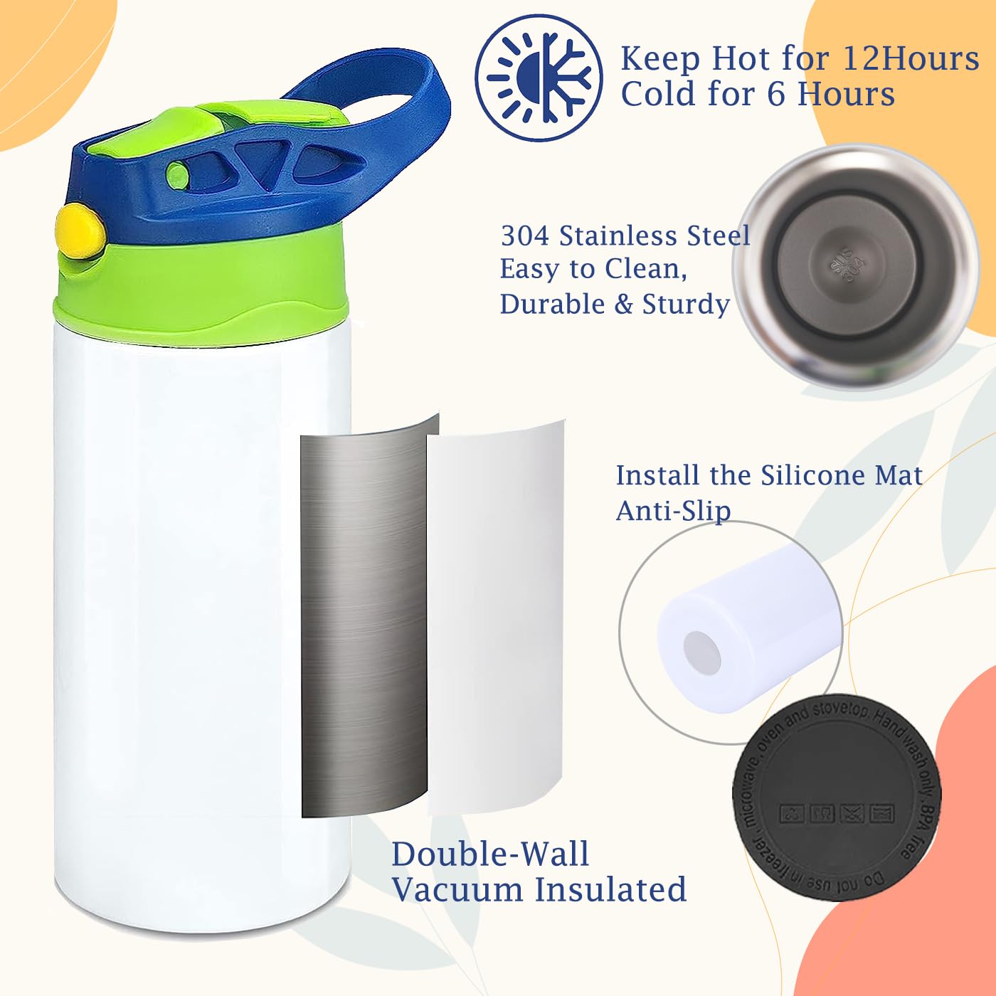 Gekestory Kids Sublimation Tumblers, Sublimation Water Bottle Blanks, 6PACK 12oz Straight Double Wall Kids Sippy Cups, Blank Cups for Heat Transfer, with DIY Stickers Shrink Wrap Rubber Base (6PACK)