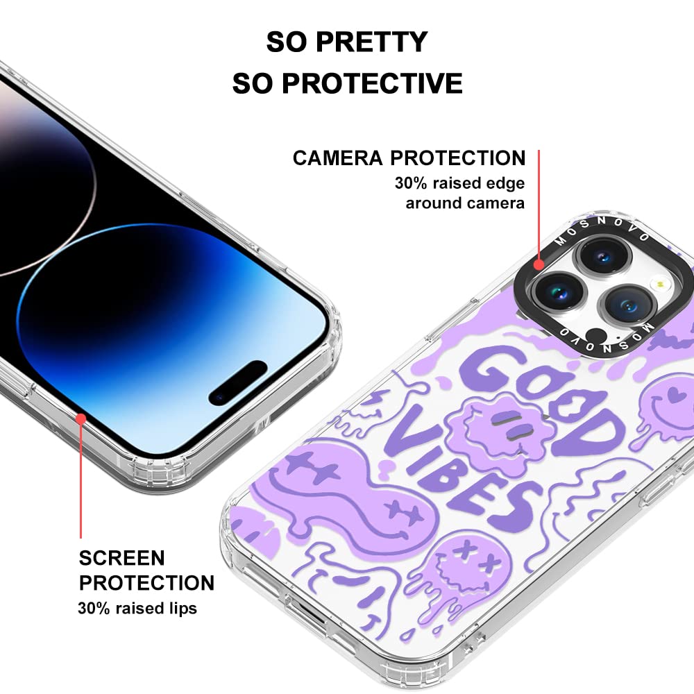 MOSNOVO Case for iPhone 14 Pro Max, [Buffertech 6.6ft Military-Grade Drop Protection] [Anti Peel Off Tech] Clear TPU Bumper Phone Case Cover Design - Good Vibes