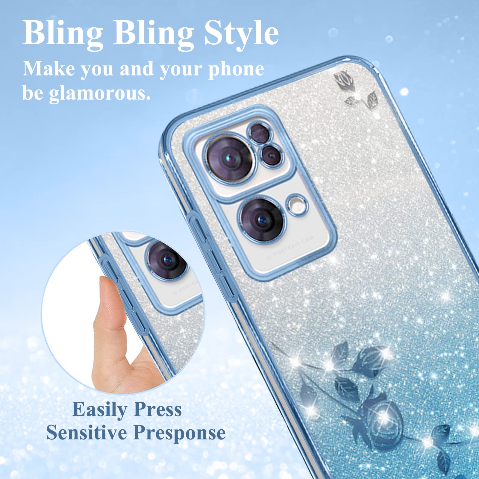 Phone Case Oppo Reno 7 pro Glitter for Women Girls Pink Floral Clear Shockproof Protector Oppo Reno 7 pro Phone Case Cover Diamond Bling Sparkle Luxury Cute Thin 2023 (Blue)