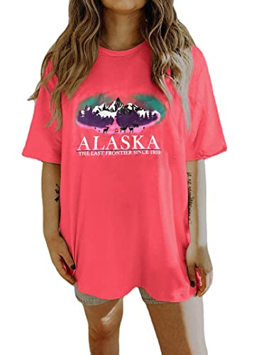 CSDAJIO Women's Graphic Oversized Tshirt Vintage Half Sleeve Round Neck Baggy Tee Summer Casual Tunic Shirt OwAlaska Raspberry Medium