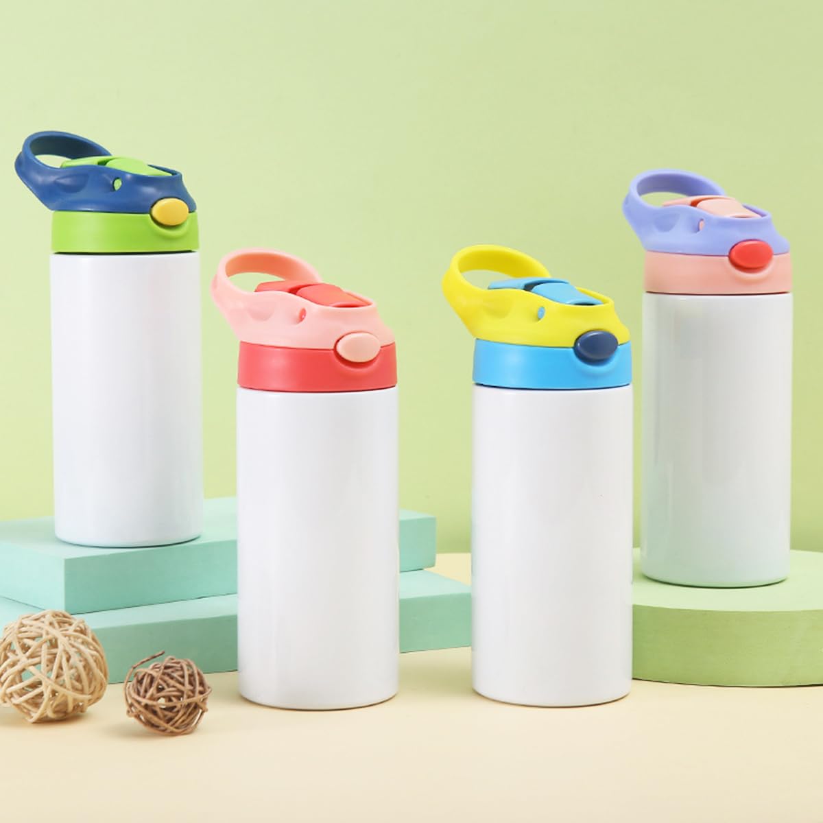 Gekestory Kids Sublimation Tumblers, Sublimation Water Bottle Blanks, 6PACK 12oz Straight Double Wall Kids Sippy Cups, Blank Cups for Heat Transfer, with DIY Stickers Shrink Wrap Rubber Base (6PACK)