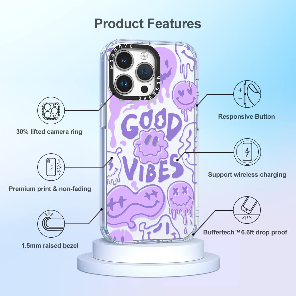 MOSNOVO Case for iPhone 14 Pro Max, [Buffertech 6.6ft Military-Grade Drop Protection] [Anti Peel Off Tech] Clear TPU Bumper Phone Case Cover Design - Good Vibes