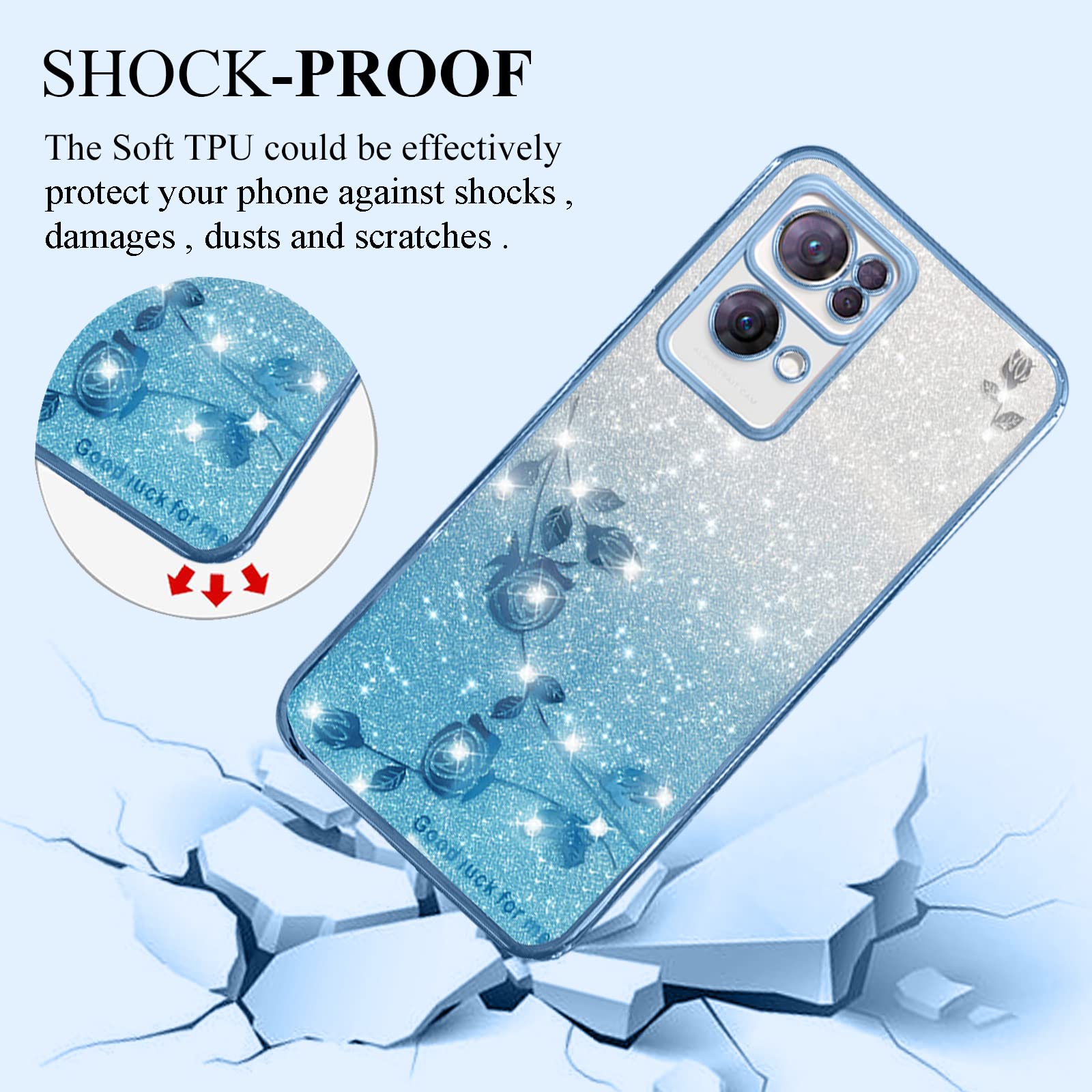Phone Case Oppo Reno 7 pro Glitter for Women Girls Pink Floral Clear Shockproof Protector Oppo Reno 7 pro Phone Case Cover Diamond Bling Sparkle Luxury Cute Thin 2023 (Blue)