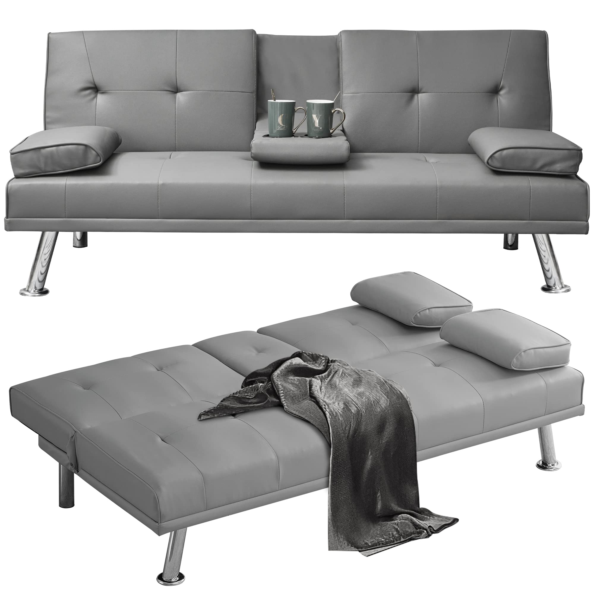 Ucloveria Futon, Multifunctional Foldable Recliner Sleeper Sofa w/ 2 Cup Holders, Loveseat Daybed Guest Bed for Compact Living Spaces, Apartments, Dorms, w/Removable Armrests, Gray(Faux Leather)