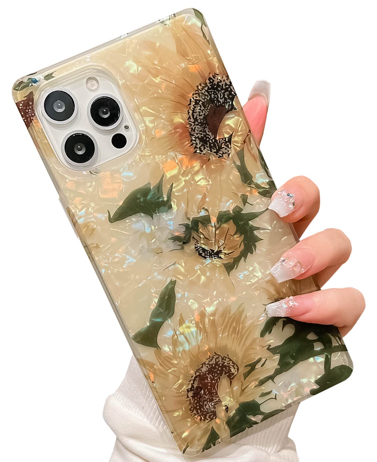 KERZZIL Square Edge Compatible with iPhone 13 Pro Max Mother-of-Pearl Case,Chic Slim Sunflower Pattern Soft TPU Silicone Rubber Gel Protective Bumper Cases Cover(Green)