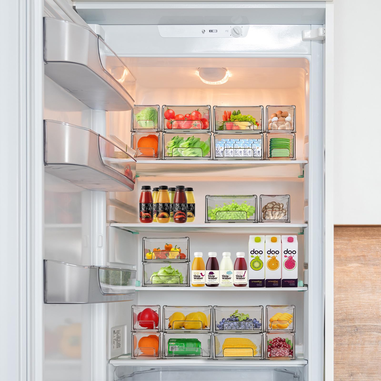 tipatyard Fridge Drawers 4 Pack Clear Pull Out Stackable Food Storage Containers Box Refrigerator Drawer Organizer Bins with Handle