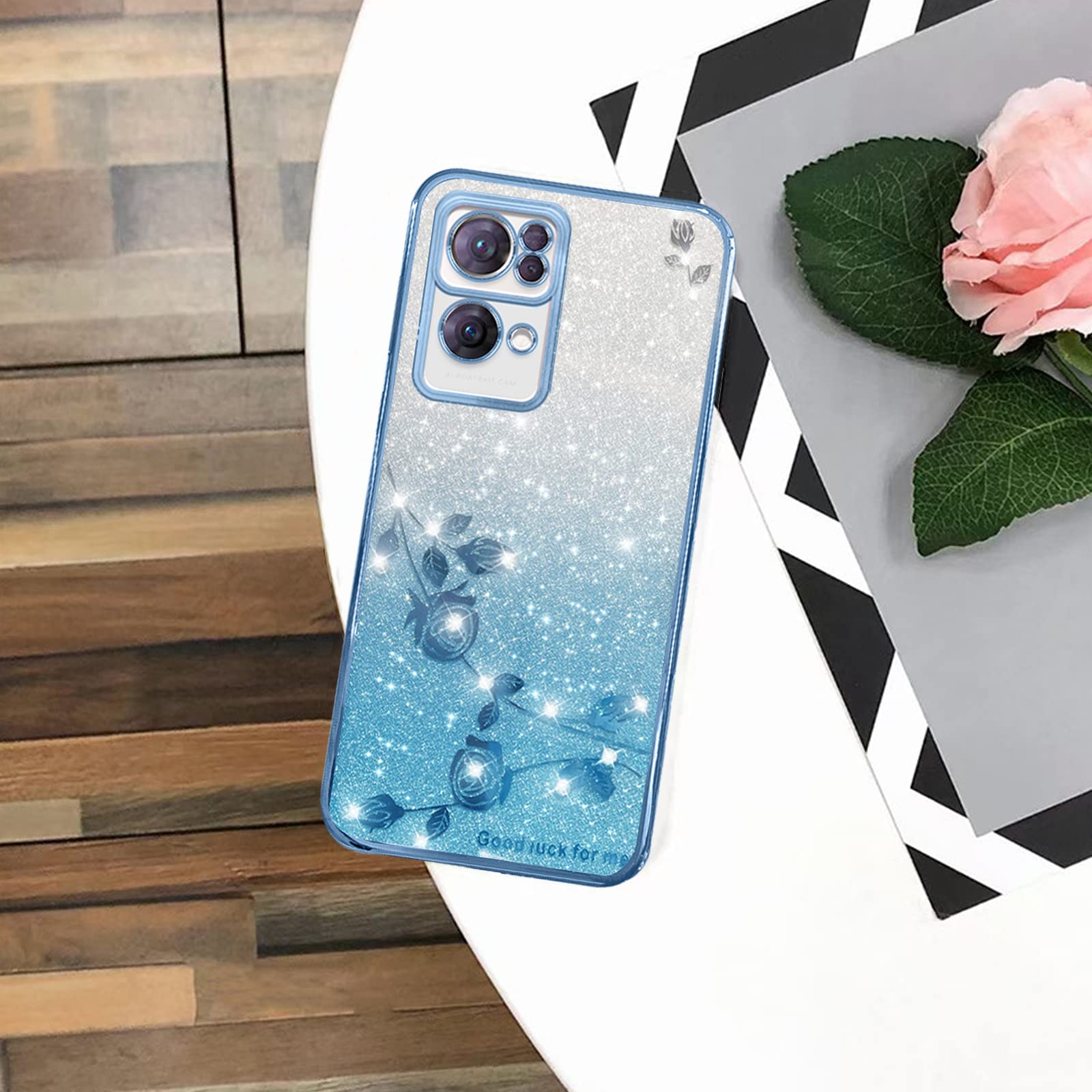 Phone Case Oppo Reno 7 pro Glitter for Women Girls Pink Floral Clear Shockproof Protector Oppo Reno 7 pro Phone Case Cover Diamond Bling Sparkle Luxury Cute Thin 2023 (Blue)