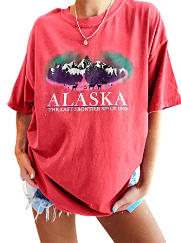 CSDAJIO Women's Graphic Oversized Tshirt Vintage Half Sleeve Round Neck Baggy Tee Summer Casual Tunic Shirt OwAlaska Raspberry Medium