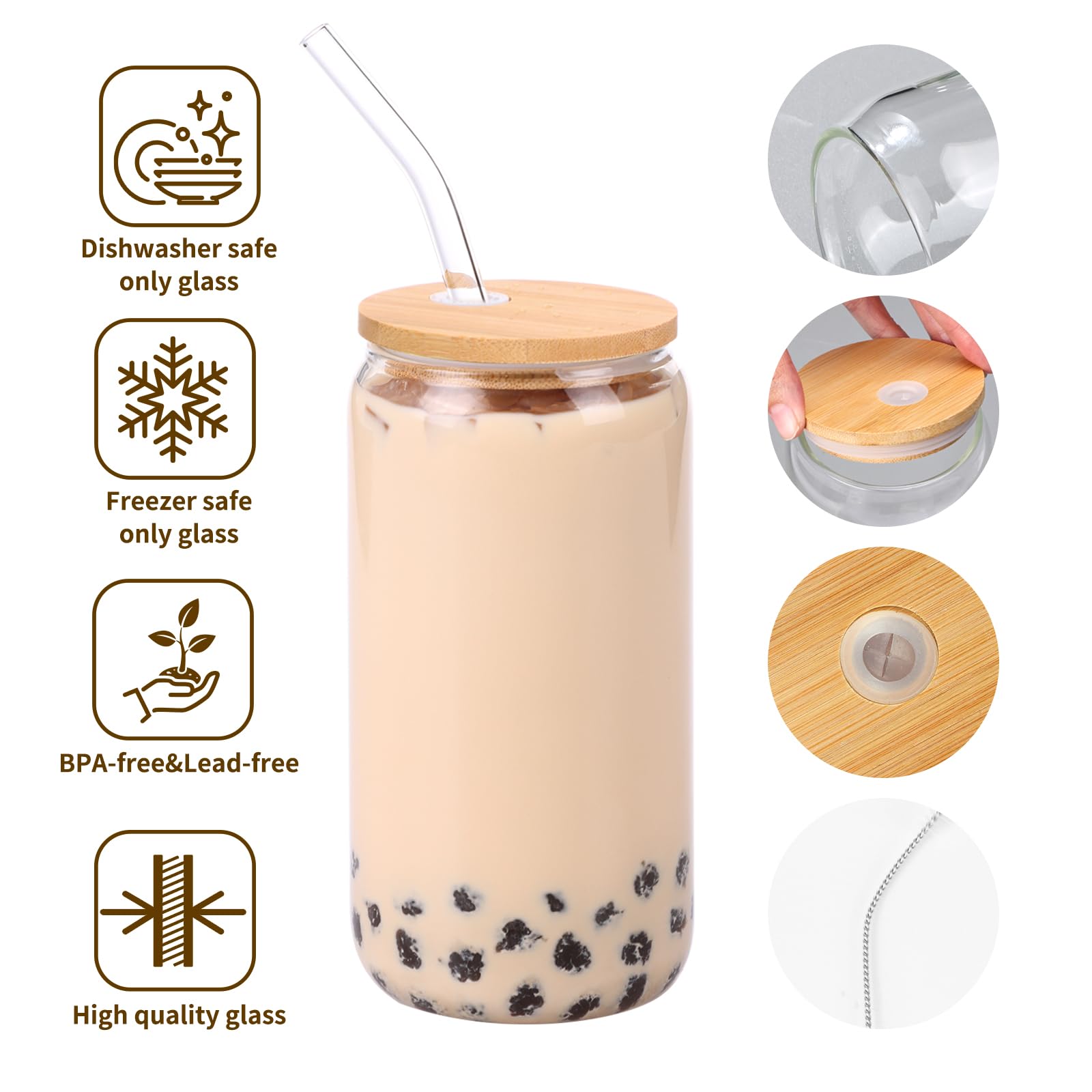 Moretoes Smoothie Cup 6pcs 16oz, Glass Cups with Lids and Straws, Drinking Glasses Set, Cute Tumbler Cup