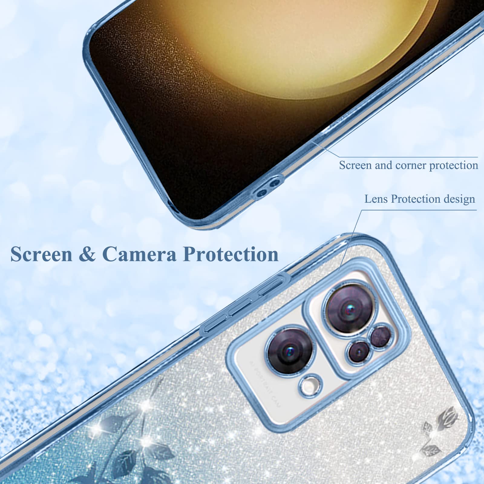 Phone Case Oppo Reno 7 pro Glitter for Women Girls Pink Floral Clear Shockproof Protector Oppo Reno 7 pro Phone Case Cover Diamond Bling Sparkle Luxury Cute Thin 2023 (Blue)