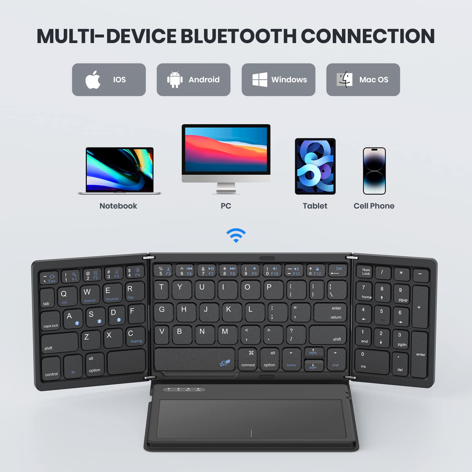 GEODMAER Foldable Bluetooth Keyboard, Portable Full Size Folding Keyboard with Large Touchpad, Numeric Keypad, PU Leather, Wireless Travel Keyboard for Windows iOS Android Mac(Sync up to 3 Devices)