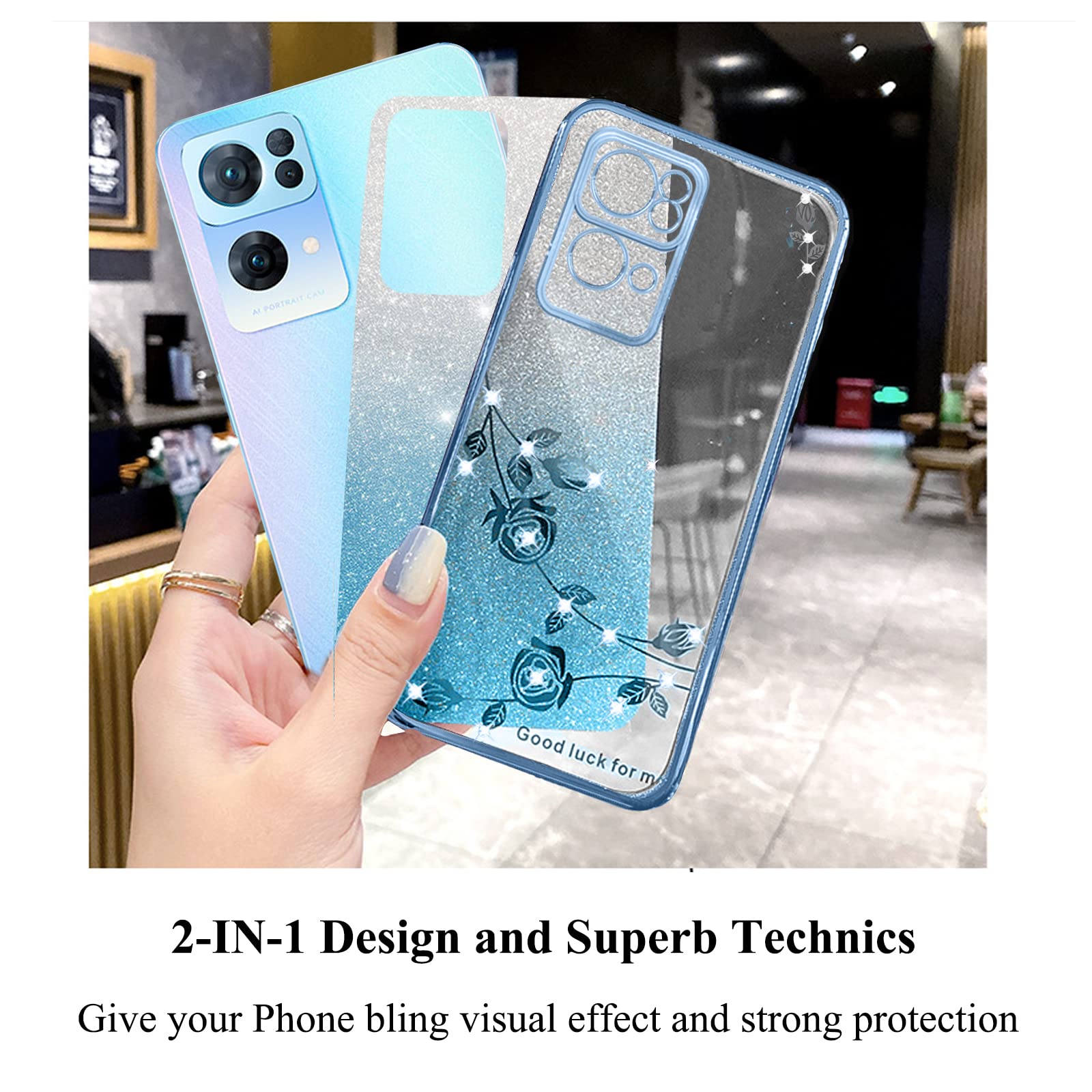 Phone Case Oppo Reno 7 pro Glitter for Women Girls Pink Floral Clear Shockproof Protector Oppo Reno 7 pro Phone Case Cover Diamond Bling Sparkle Luxury Cute Thin 2023 (Blue)