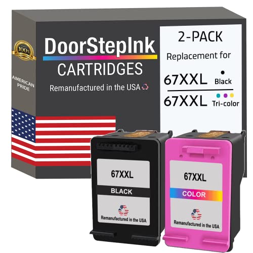 DoorStepInk Remanufactured in The USA Ink Cartridge Replacement for HP 67XXL 67 XXL Black and Color Cartridges Combo 2 Pack for Printer HP DeskJet 2724 2755 2755e 4155 Envy 6055 6075 6455