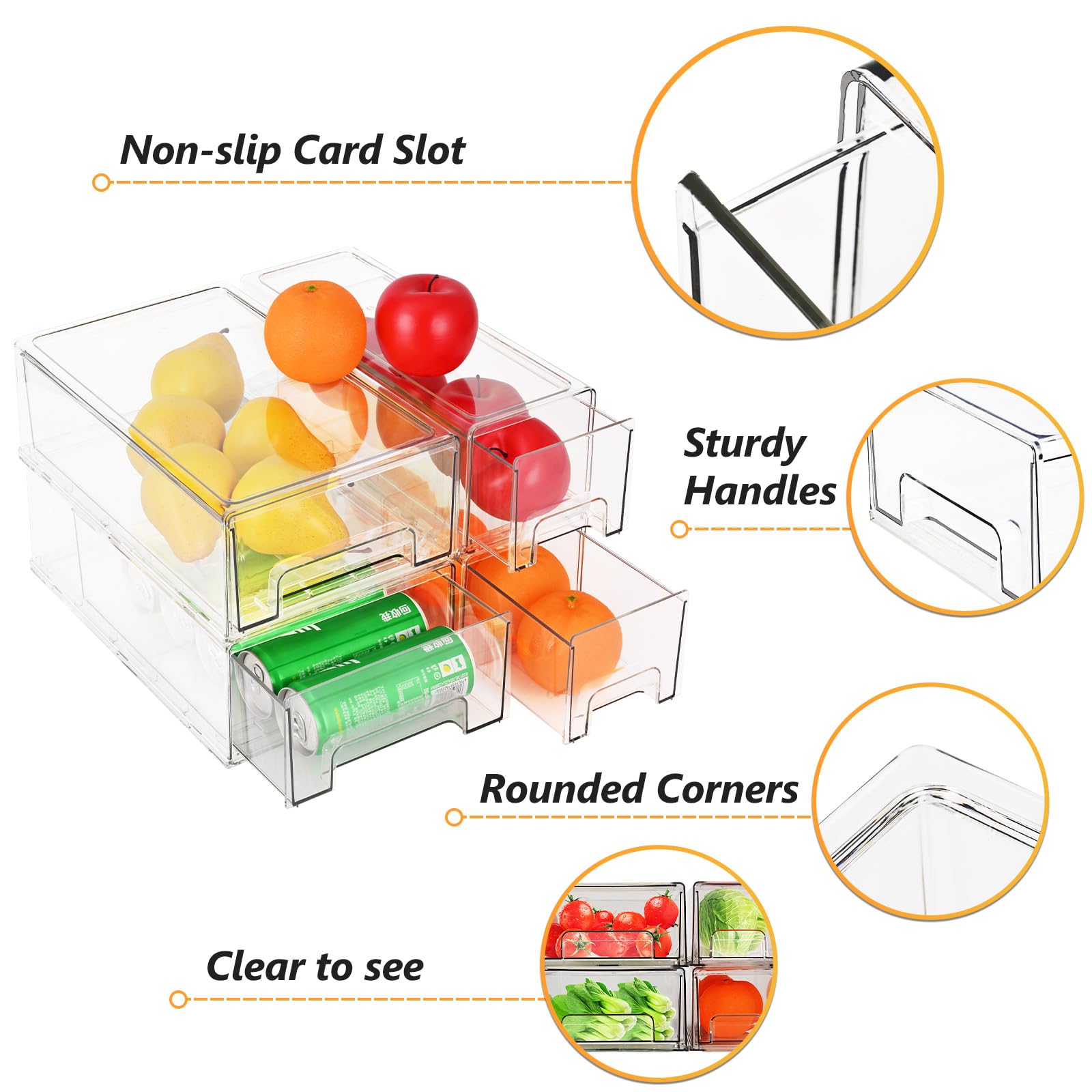 tipatyard Fridge Drawers 4 Pack Clear Pull Out Stackable Food Storage Containers Box Refrigerator Drawer Organizer Bins with Handle