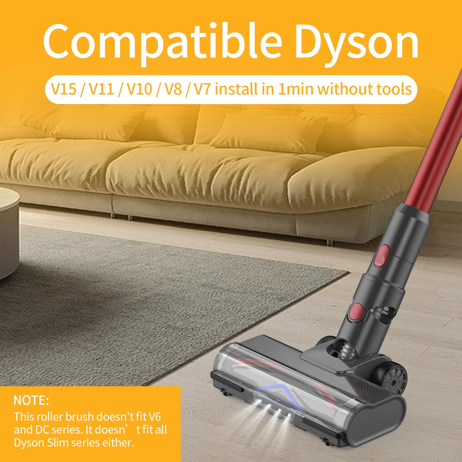 Ancocs Vacuum Cleaners Parts for Dyson V7 V8 V10 V11 V15, Roller Brush Power Head Replacement with LED Light, Motorhead Hardwood Floor Attachments for Vacuum (D019)