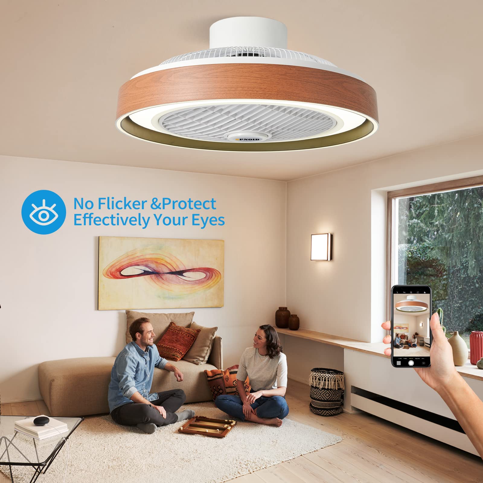 Spnoid Ceiling Fans with Lights and Remote,Enclosed Ceiling Fans Modern Low Profile Ceiling Fan Lights with Dimmable LED 6 Speeds Bladeless Flush Mount Fans with Light for Bedroom Living Room