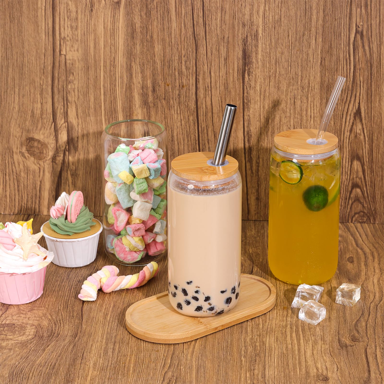 Moretoes Smoothie Cup 6pcs 16oz, Glass Cups with Lids and Straws, Drinking Glasses Set, Cute Tumbler Cup