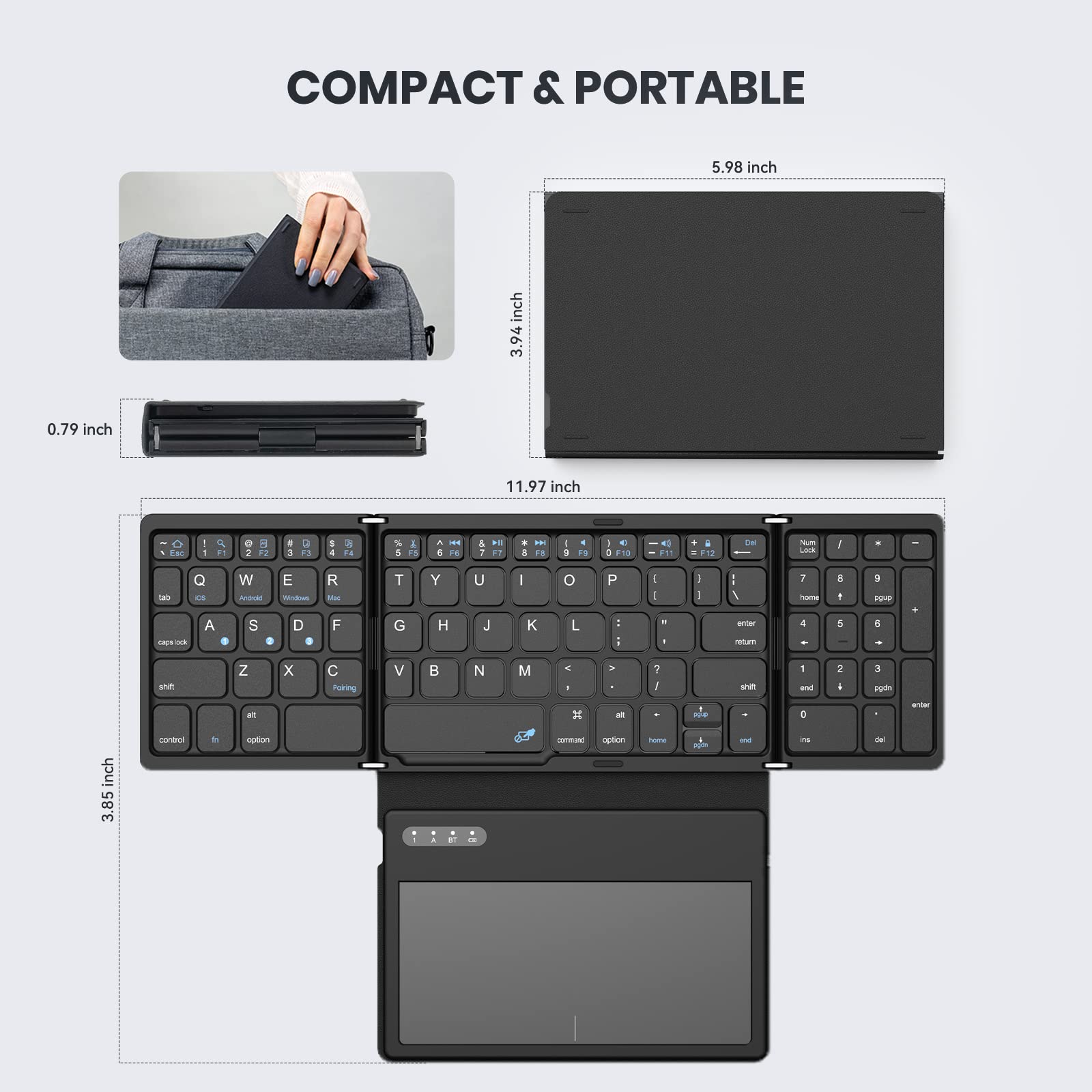 GEODMAER Foldable Bluetooth Keyboard, Portable Full Size Folding Keyboard with Large Touchpad, Numeric Keypad, PU Leather, Wireless Travel Keyboard for Windows iOS Android Mac(Sync up to 3 Devices)